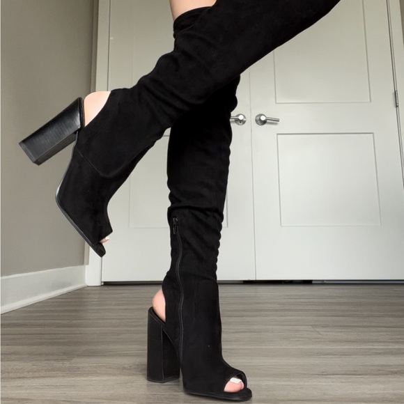 Aldo | Shoes | Black Suede Thigh High Open Toe Boot Heels | Poshmark